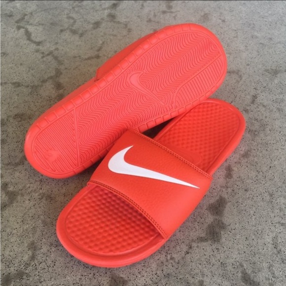 Nike | Shoes | Nike Benassi Swoosh Slides Oranges Whites Flip Flop ...